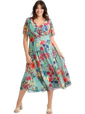 SCARLETT & JO Victoria Floral Angel Sleeve Midi Dress - Soft Green Multi