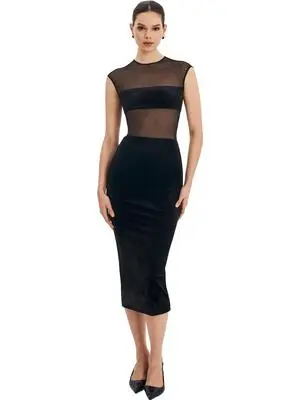 MISS CIRCLE Mesh And Velvet Midi Bodycon Dress - Black