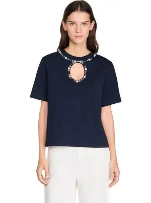Sandro Rhinestone Openwork T-shirt - Navy Blue