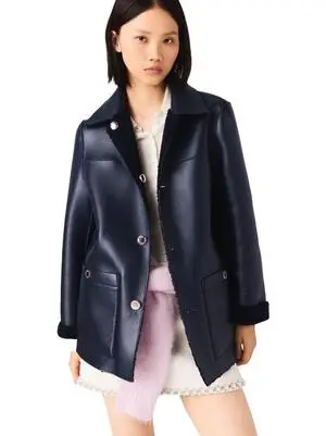 Maje Reversible Faux Shearling Jacket - Navy