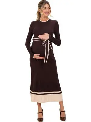 PINKBLUSH Ribbed Belted Midi Sweater Dress - Brown