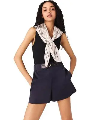 Maje Satin-effect High-waisted Shorts With Belt - Navy