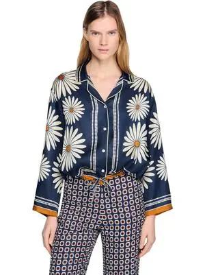 Sandro Floral Print Silk Shirt - Deep Blue/ocher