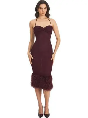 MISS CIRCLE NEW YORK Pluma Halter Faux-fur Trimmed Midi Dress - Maroon