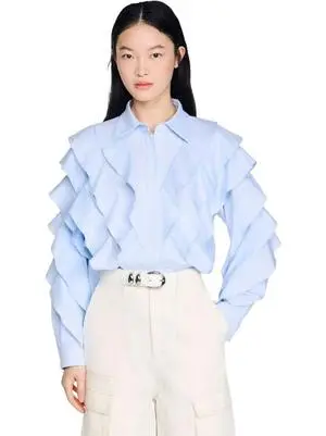 Sandro Ruffled Cotton Shirt - Sky Blue
