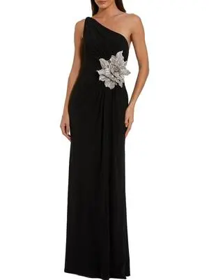 Mac Duggal Jersey One Shoulder Gown With Rhinestone Flower - Black