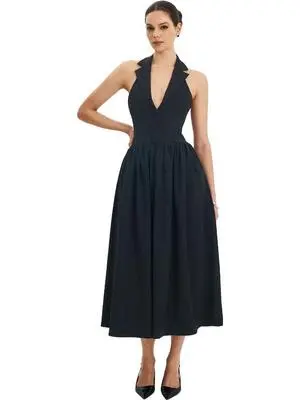 MISS CIRCLE Lapel Halter A-line Midi Dress - Black