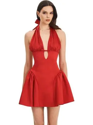 MISS CIRCLE Plunging Halter Keyhole Mini Dress - Ruby