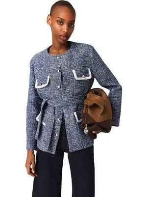 Maje 4-pocket Tweed Jacket With Tie Belt - Denim