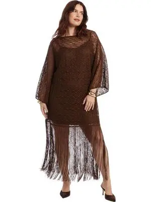 JUNE + VIE Lace Kimono Dress With Fringe - Chestnut