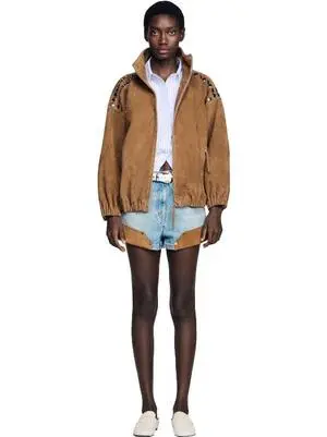 Sandro Studded Oversized Suede Jacket - Camel