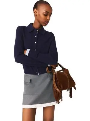 Maje A-Line Wool Blend Skirt With Pleated Ruffle Grey