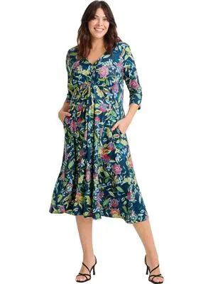 SCARLETT & JO Knot Front Fit And Flare Dress - Multi Green Leaf