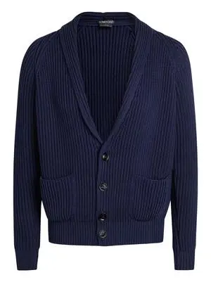 TOM FORD Shawl-collar Ribbed Cotton And Silk-blend Cardigan - Navy