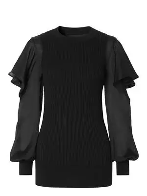 Sacai Ribbed Cotton And Ruffled Chiffon Top - Black