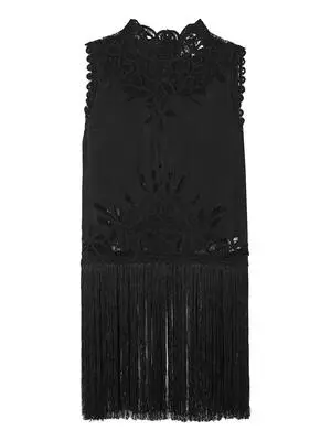 Sea Adelina Tie-side Fringed Lace-paneled Woven Top - Black