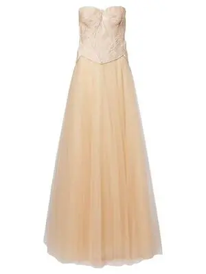 Costarellos Lucasta Georgette Bustier Gown - Beige