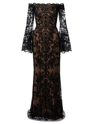 Elie Saab Off-shoulder Sequined Lace Gown - Black