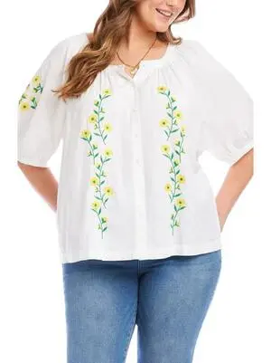 Karen Kane Floral Embroidered Cotton Top - White