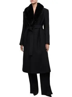 Mango Manteco Belted Longline Trench Coat With Faux Fur Collar - Black