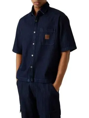 Guess Short Sleeve Oversize Crop Denim Button-up Shirt - Blue