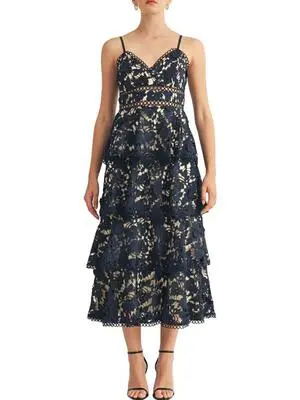 AROSE STUDIO Floral Embroidered Tiered Midi Dress - Navy