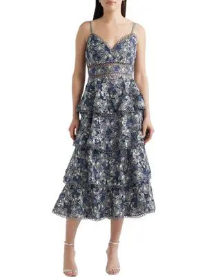 AROSE STUDIO Floral Embroidered Tiered Midi Dress - Navy