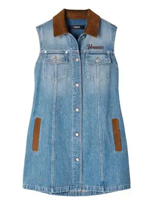 Versace Suede-trimmed Denim Mini Dress - Blue