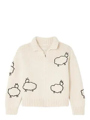 MOTHER The Crop Raquette Embroidered Cardigan - Cream