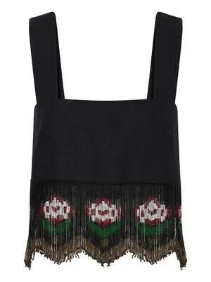 Alix Of Bohemia Mia Cropped Bead-embellished Fringed Silk Top - Black