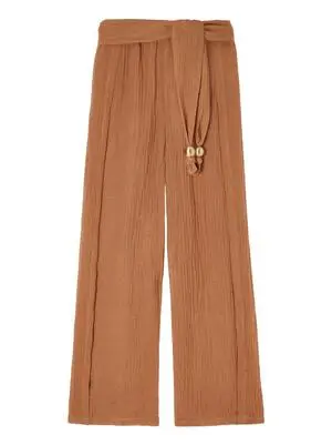 Lisa Marie Fernandez Embellished Belted Crinkled Gauze Pants - Brown