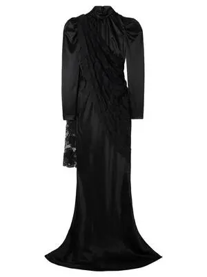 Alessandra Rich Cape-effect Lace-trimmed Silk-satin Gown - Black