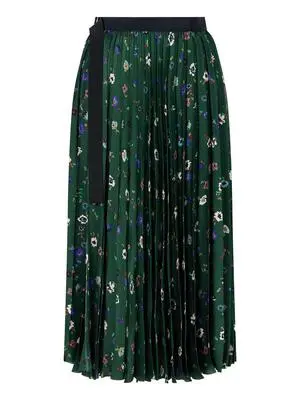 Sacai Belted Floral-print Pleated Midi Skirt - Green
