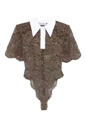 ROWEN ROSE Lace Polo Shirt Bodysuit - Brown