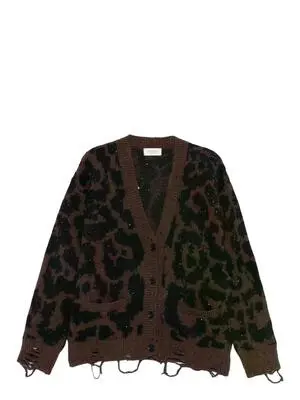 LANEUS Leopard Distressed Cardigan - Brown