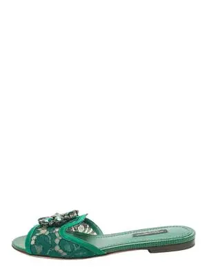 Dolce & Gabbana Lace Crystal Embellished Slides - Green