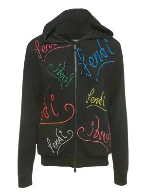 Fendi Cotton Embroidered-logo Hoodie - Black