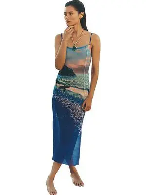 CELANDINE Printed Mesh Midi Dress - Surfs Up Scene Print