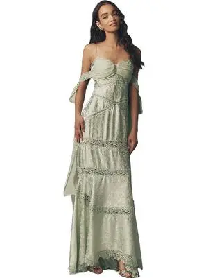For Love & Lemons Rita Silk Maxi Gown - Green