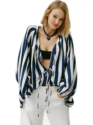Maeve Striped Tie-front Tunic Top - Blue/white