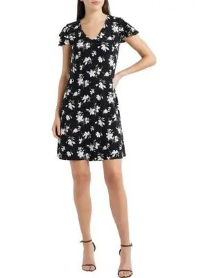 Anne Klein Floral Flutter Sleeve Shift Minidress - Anne Black/white Dove
