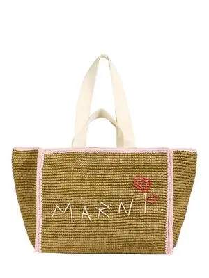 Marni Embroidered Faux Raffia Tote - Army Green