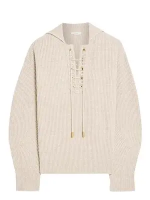 Max Mara Lace-up Ribbed Wool And Cashmere-blend Sweater - Neutral