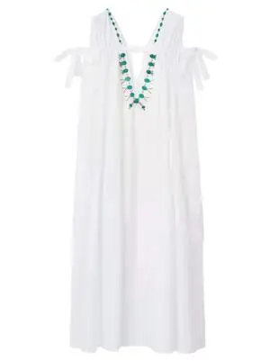FORTELA V-neck Dress With Turquoise Stone Embellishments - White
