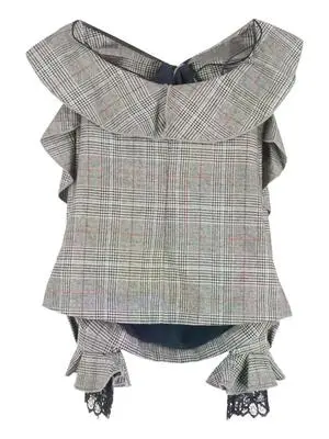 SELF-PORTRAIT Plaid Frill Off-shoulder Top - Grey