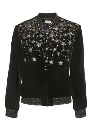 Saint Laurent Embellished Velvet Bomber Jacket - Black
