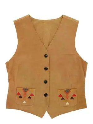 FORTELA Embroidered Pocket Chamois Leather Waistcoat - Brown