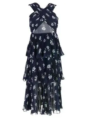 SELF-PORTRAIT Floral-print Pleated Layered Midi Dress - Blue