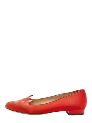 CHARLOTTE OLYMPIA Kitty Embroidery Satin Flats - Red