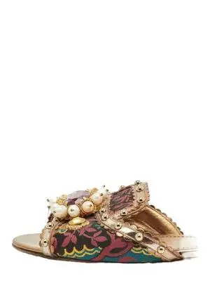 DOLCE & GABBANA Brocade And Faux-Pearl Embellished Flat Slides